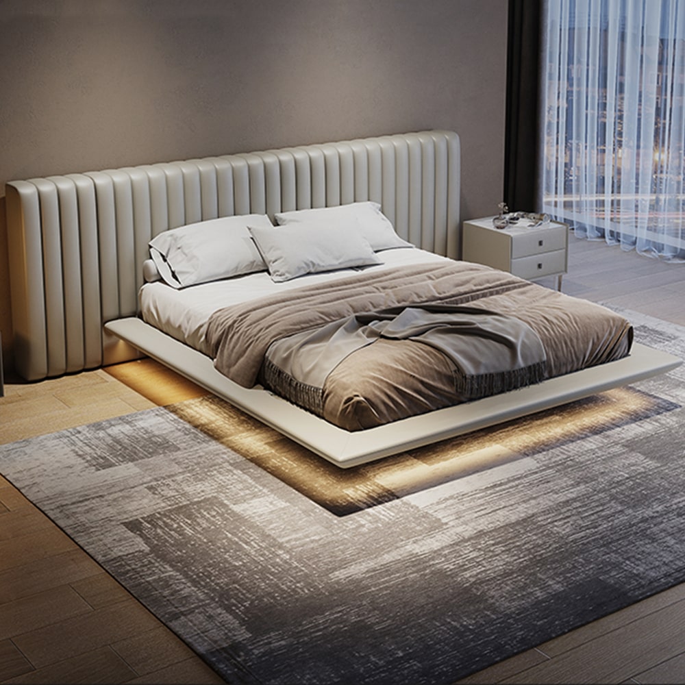 Aleph Microfiber Leather Wide Headboard Floating Bed Frame/Bedside Tab ...