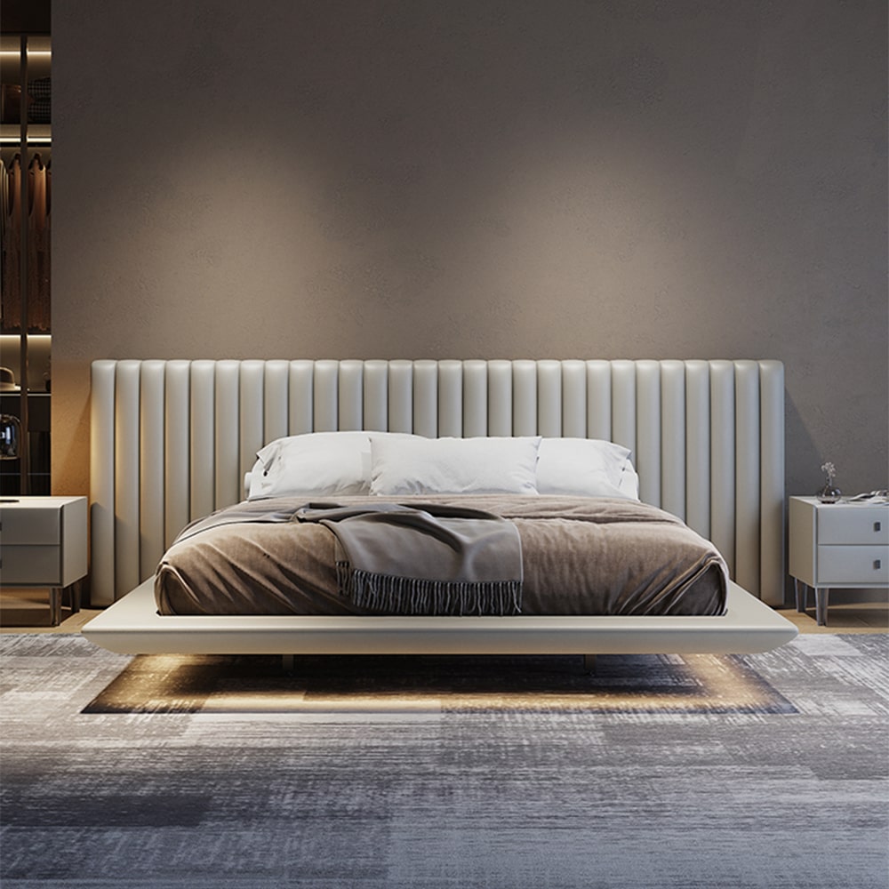 Aleph Microfiber Leather Wide Headboard Floating Bed Frame/Bedside Tab ...