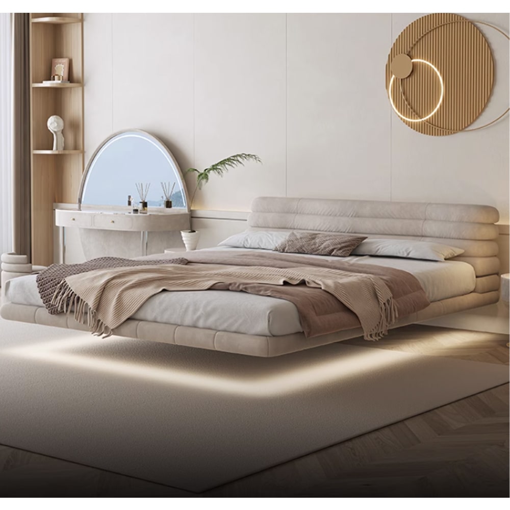 Ballantine Suede Fabric Curved Headboard Modern Floating Bed Frame ...
