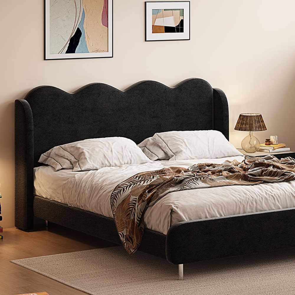 Ceres Wave Shaped Headboard Velvet Fabric Modern Bed Frame– CASASPACE