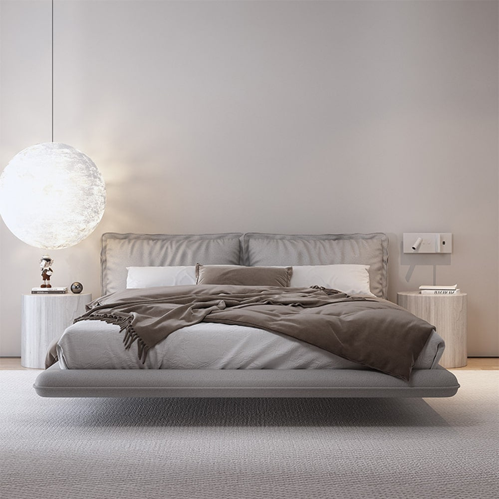 Gotzon Suede Fabric Modern Floating Bed Frame with Cushions/Bedside Ta ...