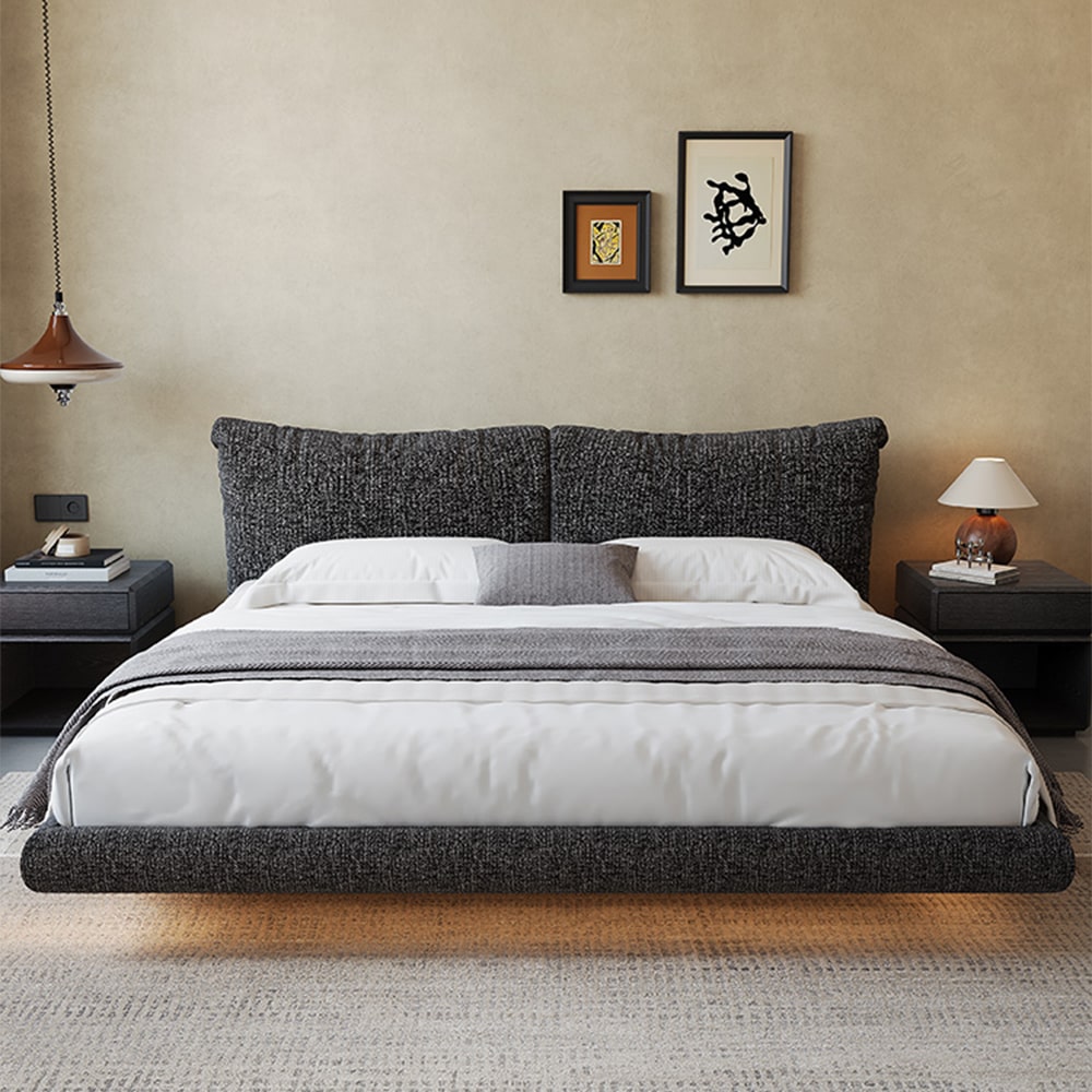 Joey Boucle Fabric Simple Upholstered Headboard Modern Floating Bed Fr ...