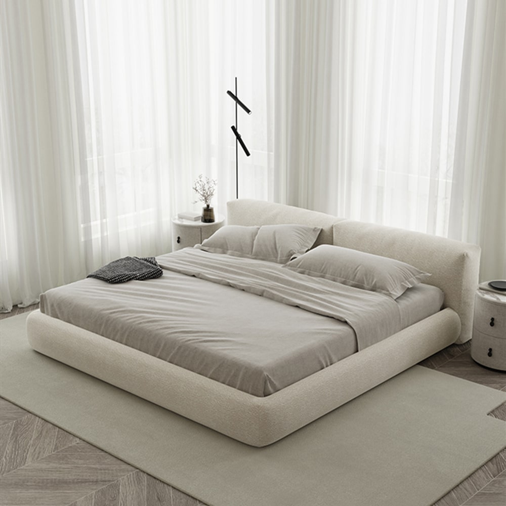 Amos Boucle Contemporary Rectangular Headboard Bed Frame with Bedside ...