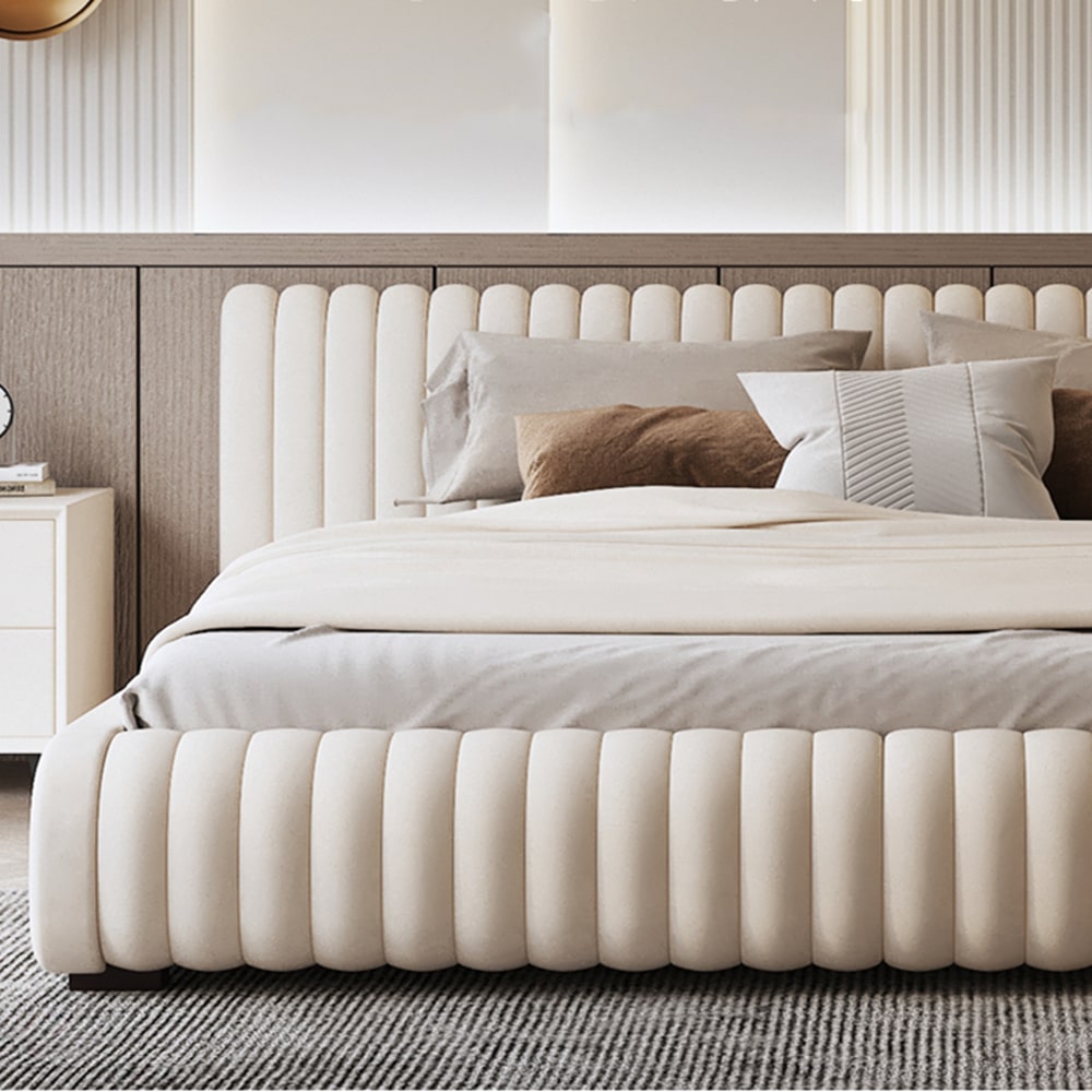 Isley Velvet Fabric Stripe Pattern Bed Frame /Bedside Table– CASASPACE